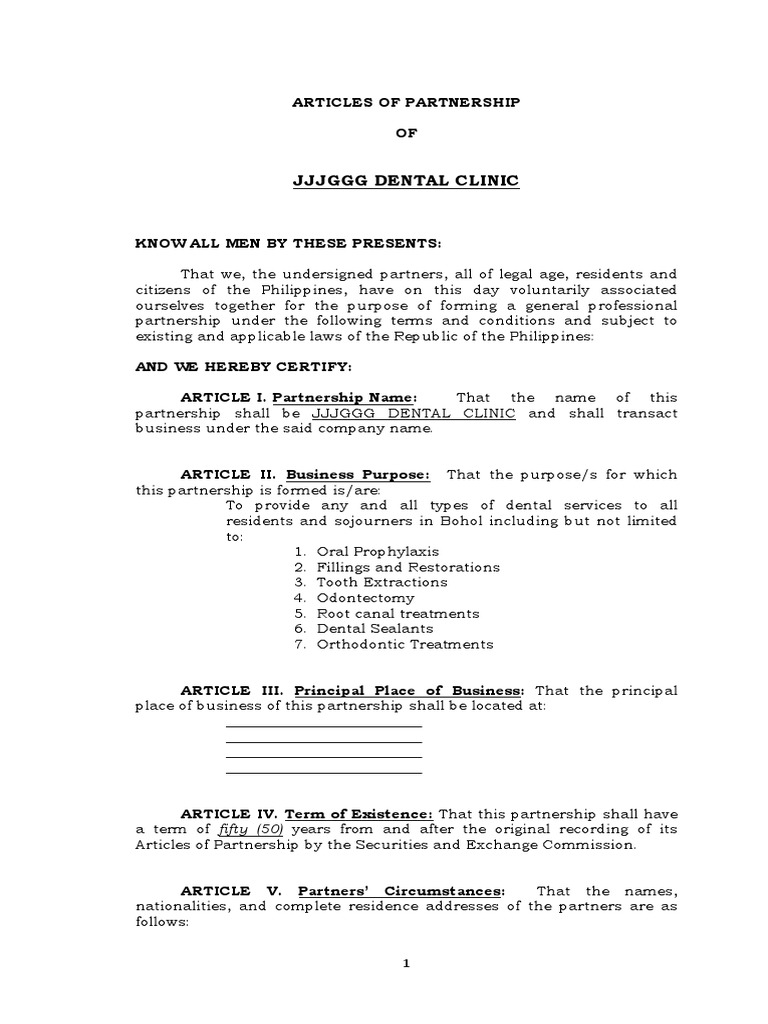 Sample Articles of Professional Partnership | Partnership | Dentistry