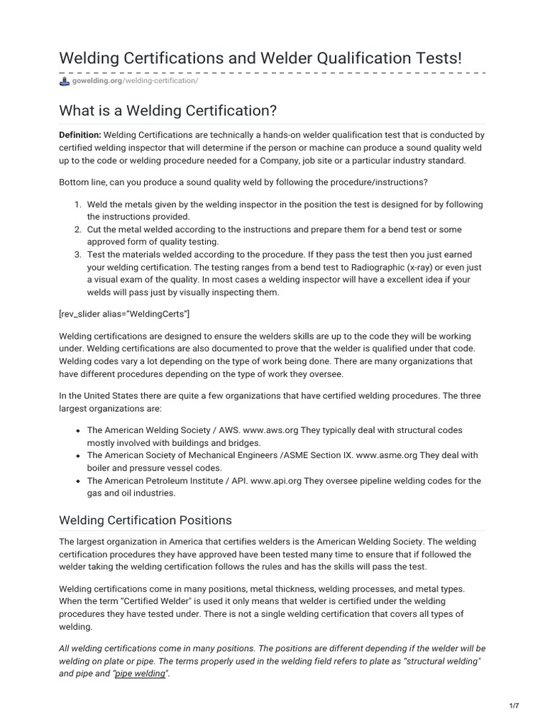 Welding Certifications and Welder Qualification Tests PDF | PDF ...
