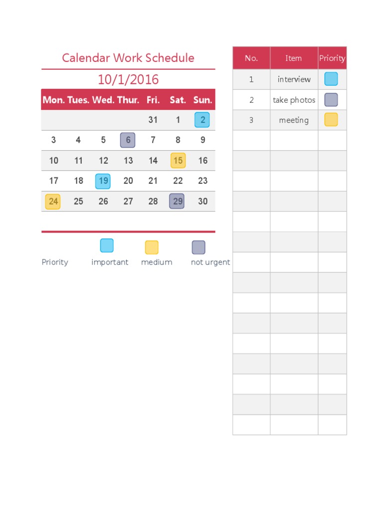 Calendar Work Schedule: Mon. Tues. Wed. Thur. Fri. Sat. Sun | PDF