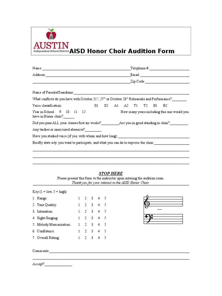 Aisd Honor Choir Audition Form | PDF | Leisure | Sports
