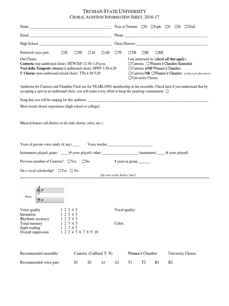 Choral Audition Form | Choir | Audition