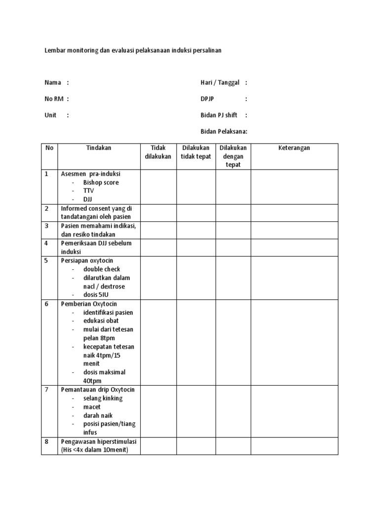 Lembar Monitoring Dan Evaluasi Pelaksanaan Induksi Persalinan | PDF