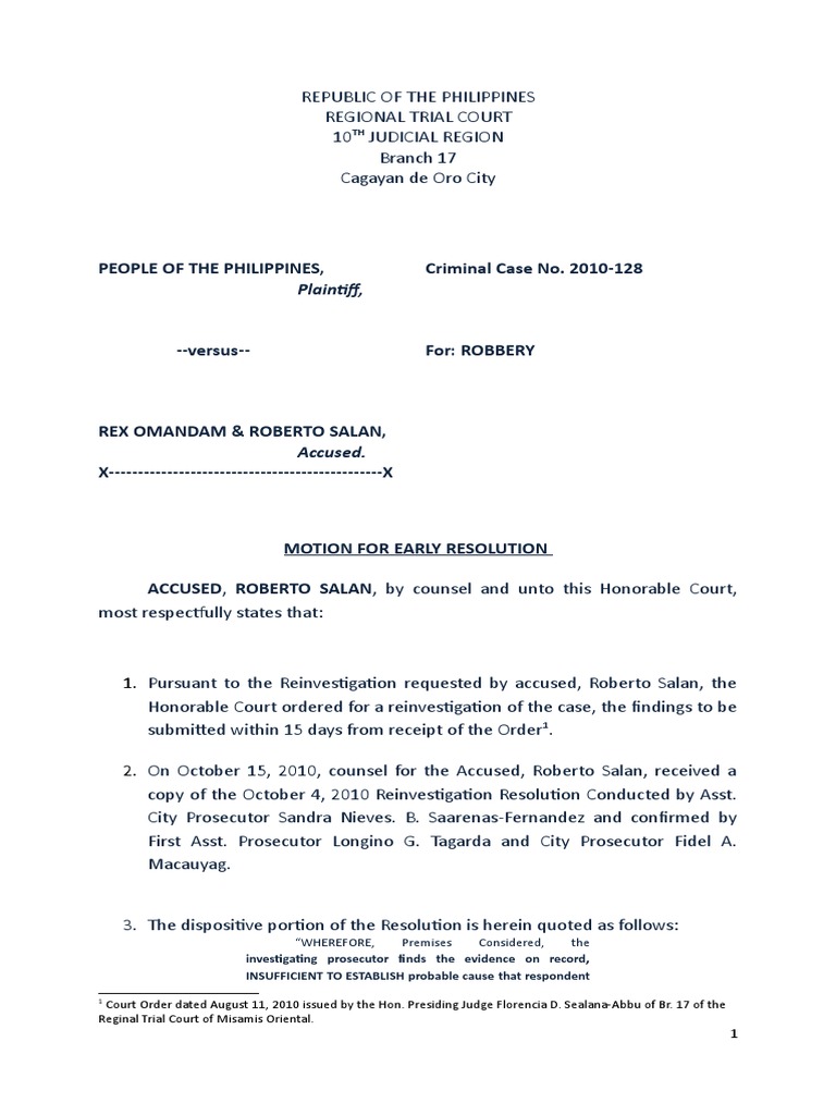 Motion For Early Resolution - Branch 17 - Roberto Salan | PDF | Prosecutor | Virtue