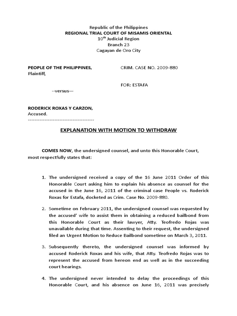 Motion To Withdraw As Counsel - Roxas | PDF | Government Institutions ...