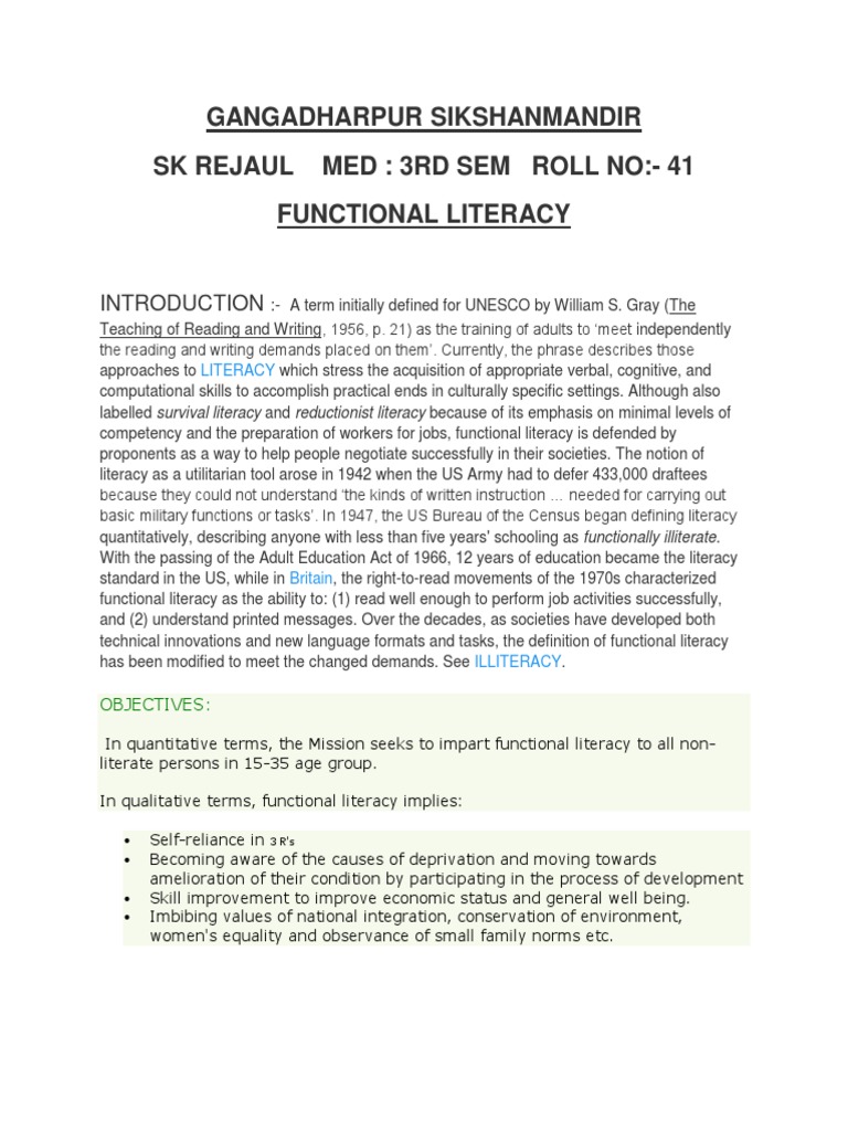 Functional Literacy | PDF | Literacy | Primary Education