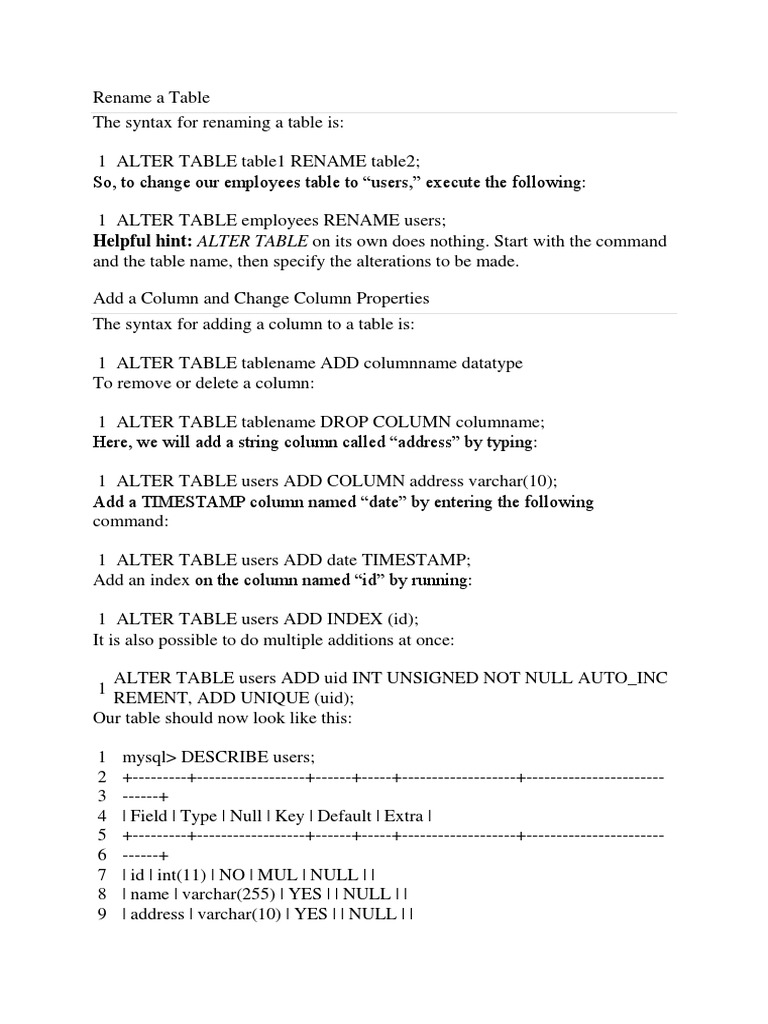 Helpful Hint: ALTER TABLE On Its Own Does Nothing. Start With The ...