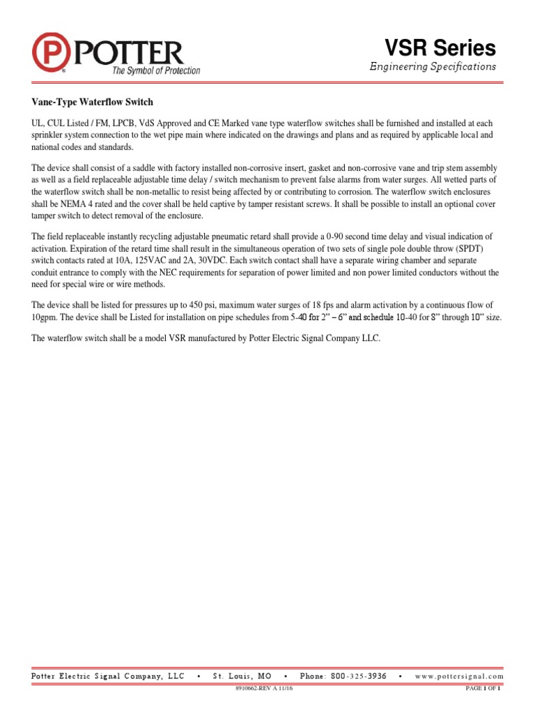 VSR Series: Vane-Type Waterflow Switch | PDF