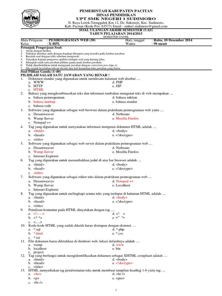 Soal UAS Ganjil - Kelas X - Pemrograman Web | PDF