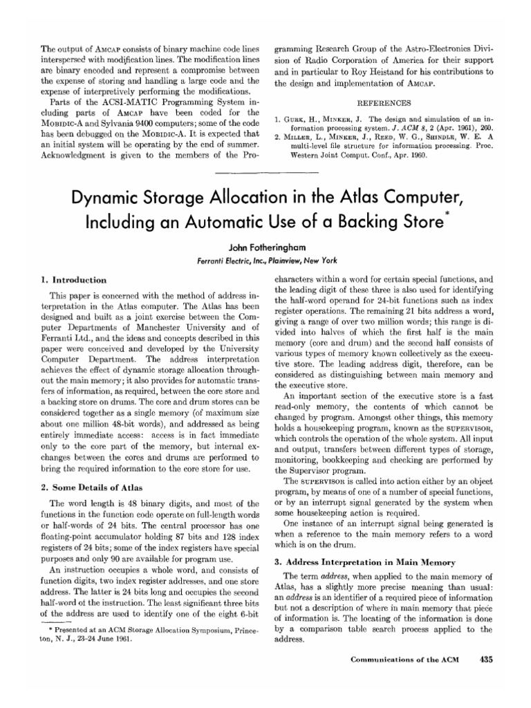 Dynamic Storage Allocation in The Atlas Computer, Including An Automatic Use of A Backing Store ...
