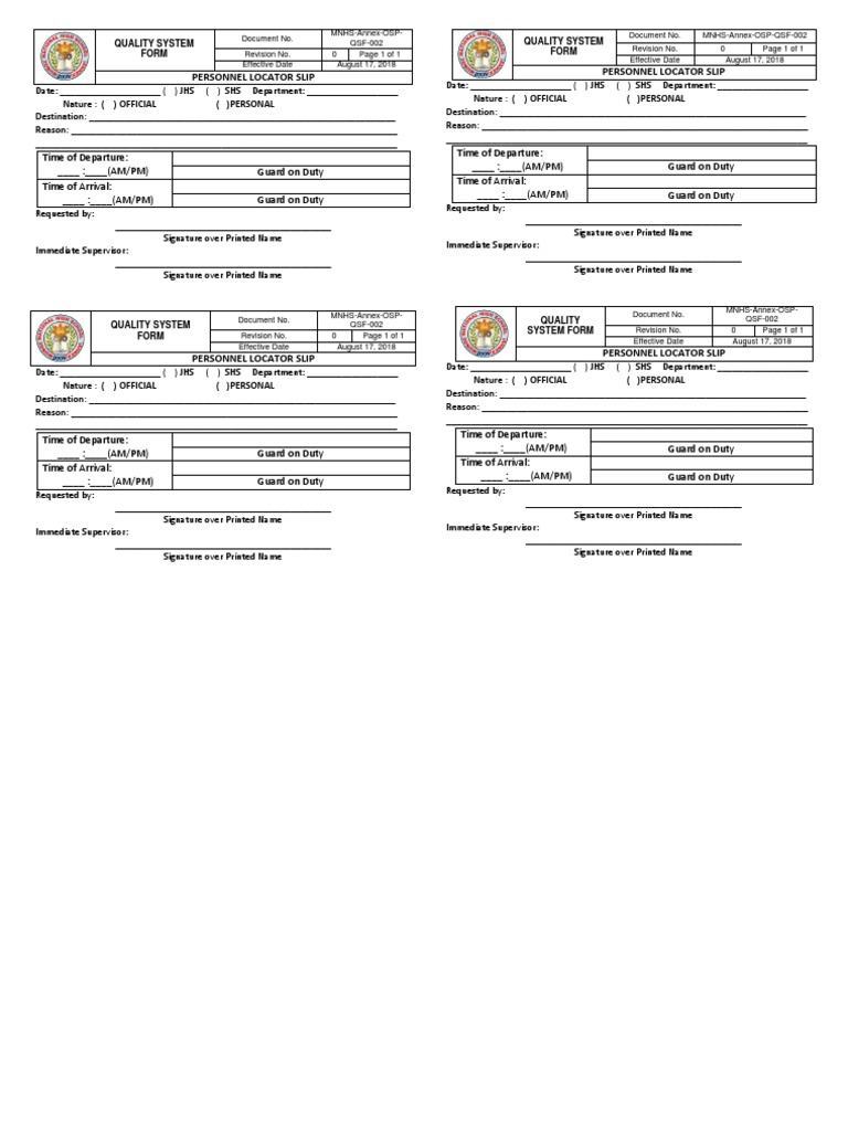Personnel Locator Slip Personnel Locator Slip: Quality System Form ...