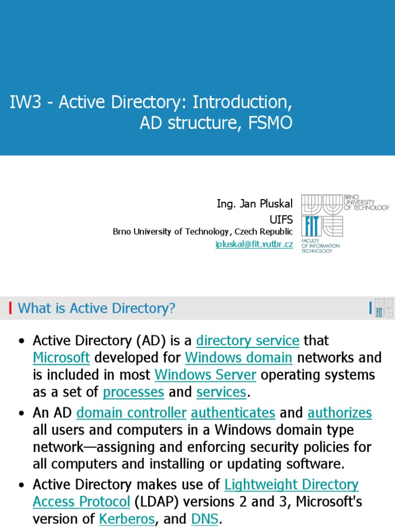 IW3 - Active Directory: Introduction, AD Structure, FSMO: Ing. Jan ...