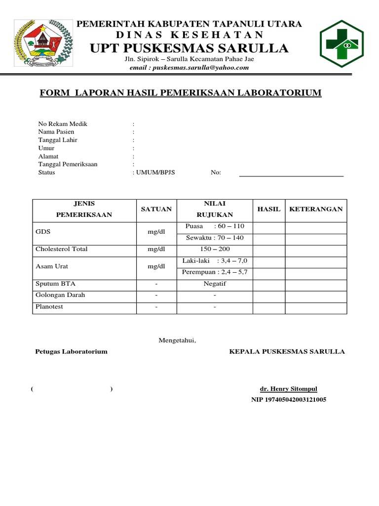 Form Laporan Hasil Pemeriksaan Lab