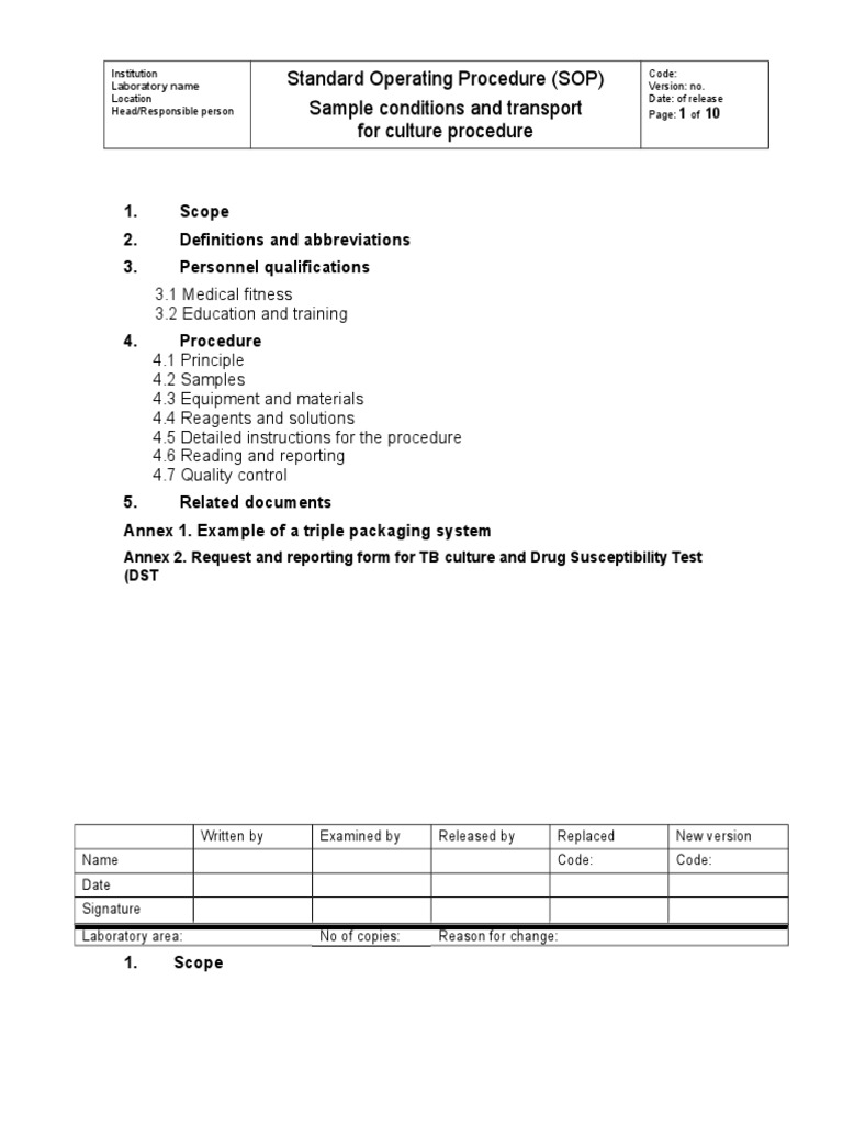 Standard Operating Procedure (SOP) Sample Conditions and Transport For ...