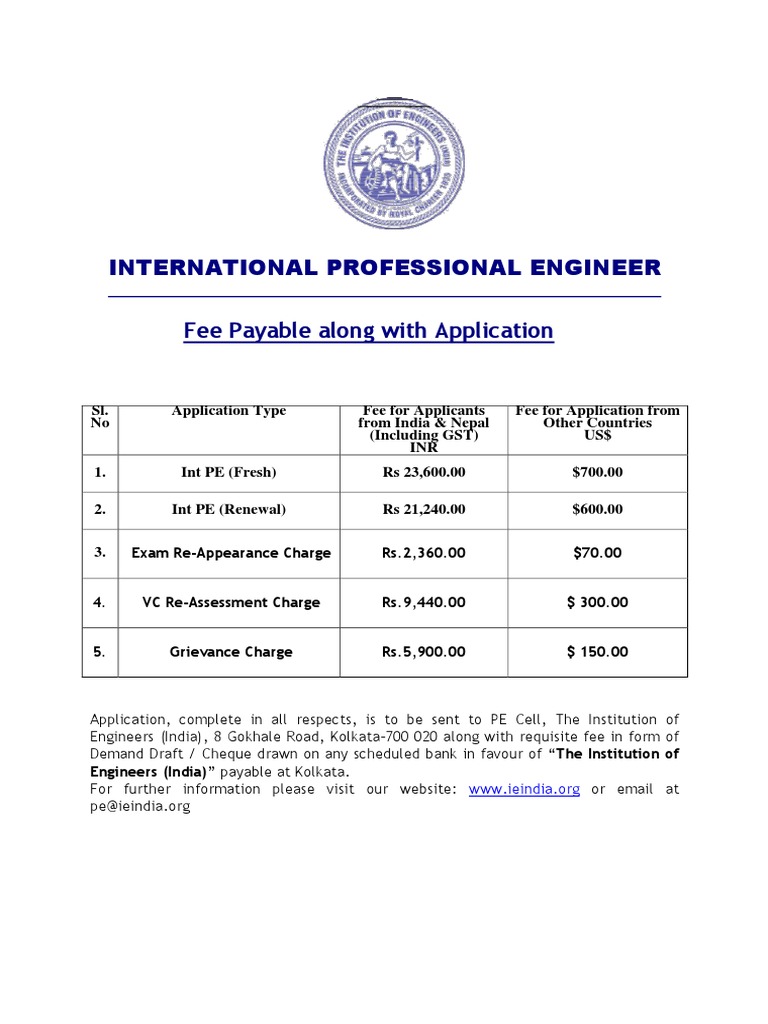 International Professional Engineer: Fee Payable Along With Application ...
