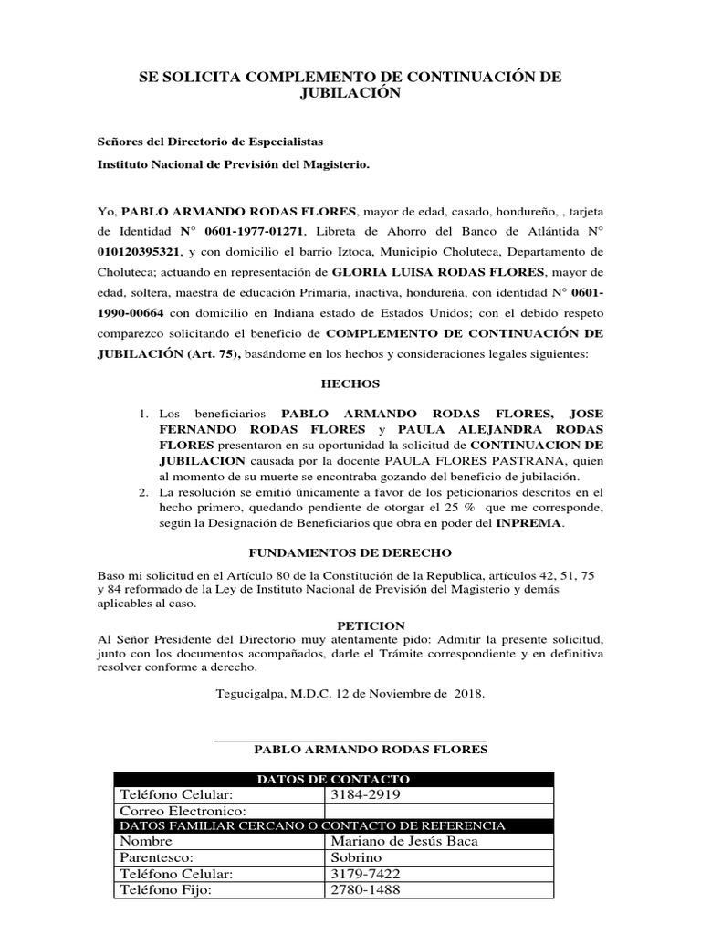 Solicitud de Complemento de Continuación de Jubilación Sergio | PDF | Jubilación | Honduras