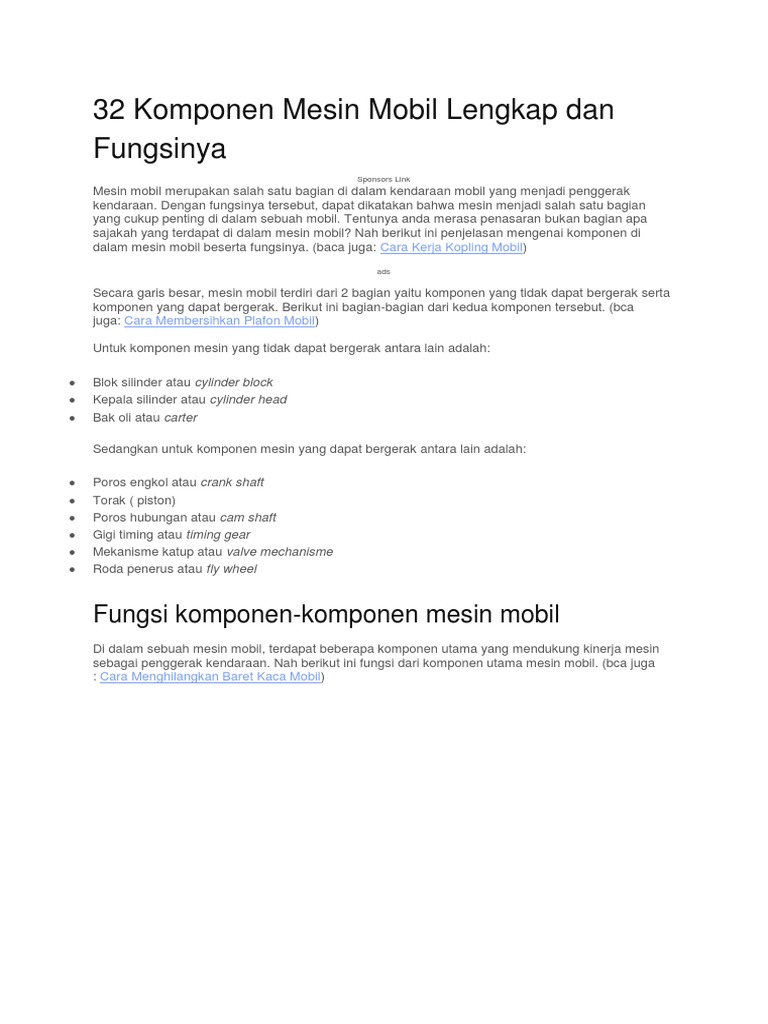 32 Komponen Mesin Mobil Lengkap Dan Fungsinya | PDF