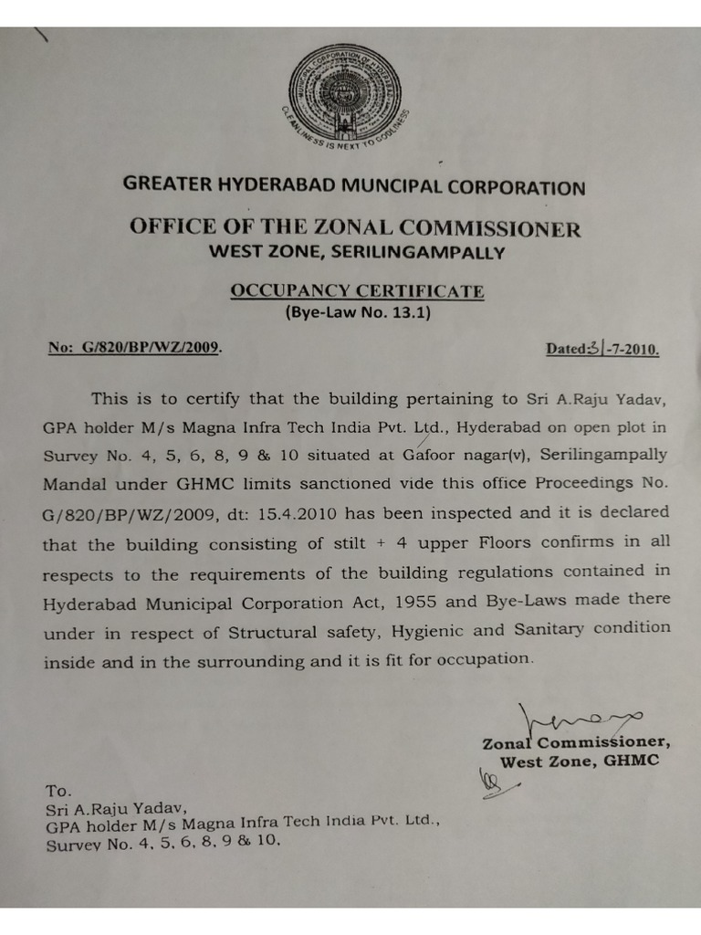 GHMC Occupancy Certificate PG 1 | PDF
