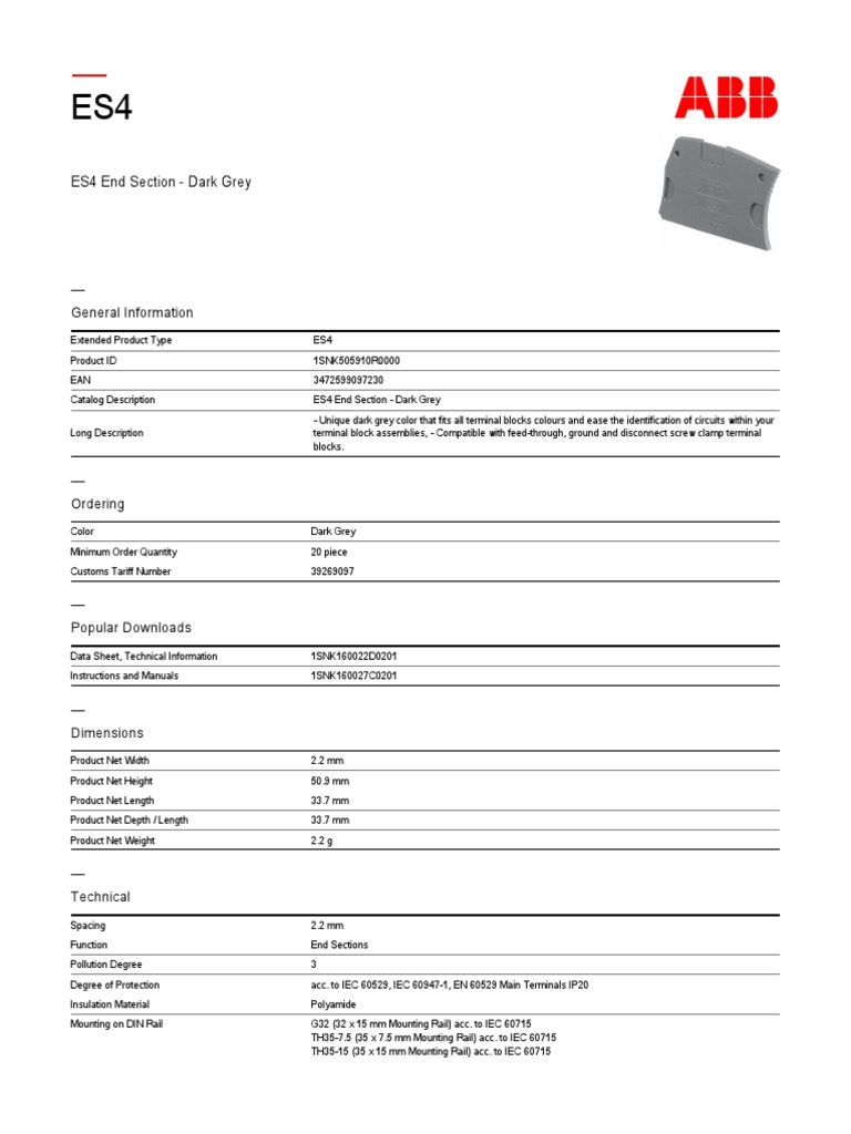 Tapa de Borne Es4 End Section Dark Grey | PDF | Electromagnetism | Electrical Engineering