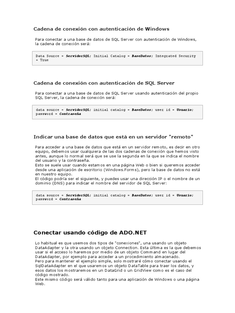 Cadena De Conexión Con Autenticación De Windows Pdf Servidor Sql De