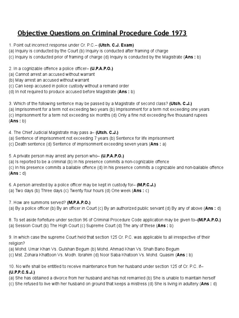 Criminal Procedure Code 1973 Quiz Questions | PDF | Criminal Procedure ...