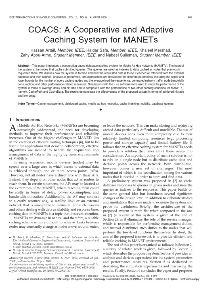 Coacs: A Cooperative and Adaptive Caching System For Manets | PDF | Routing | Cache (Computing)