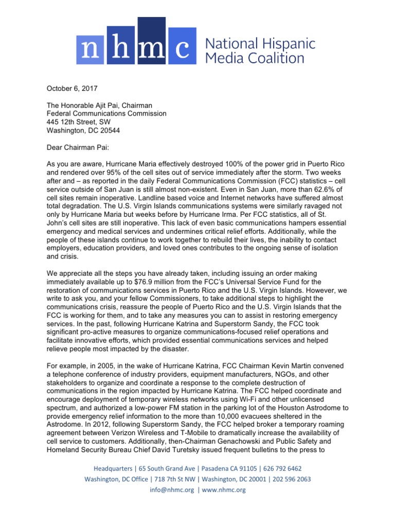 10 06 17 Letter To Chairman Pai Communication Restoration Efforts in ...