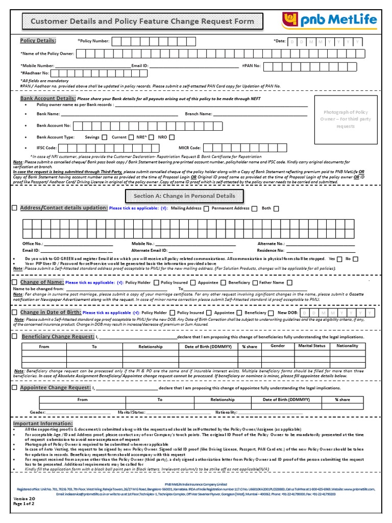 Customer Details and Policy Feature Change Request Form Version 2.0 ...