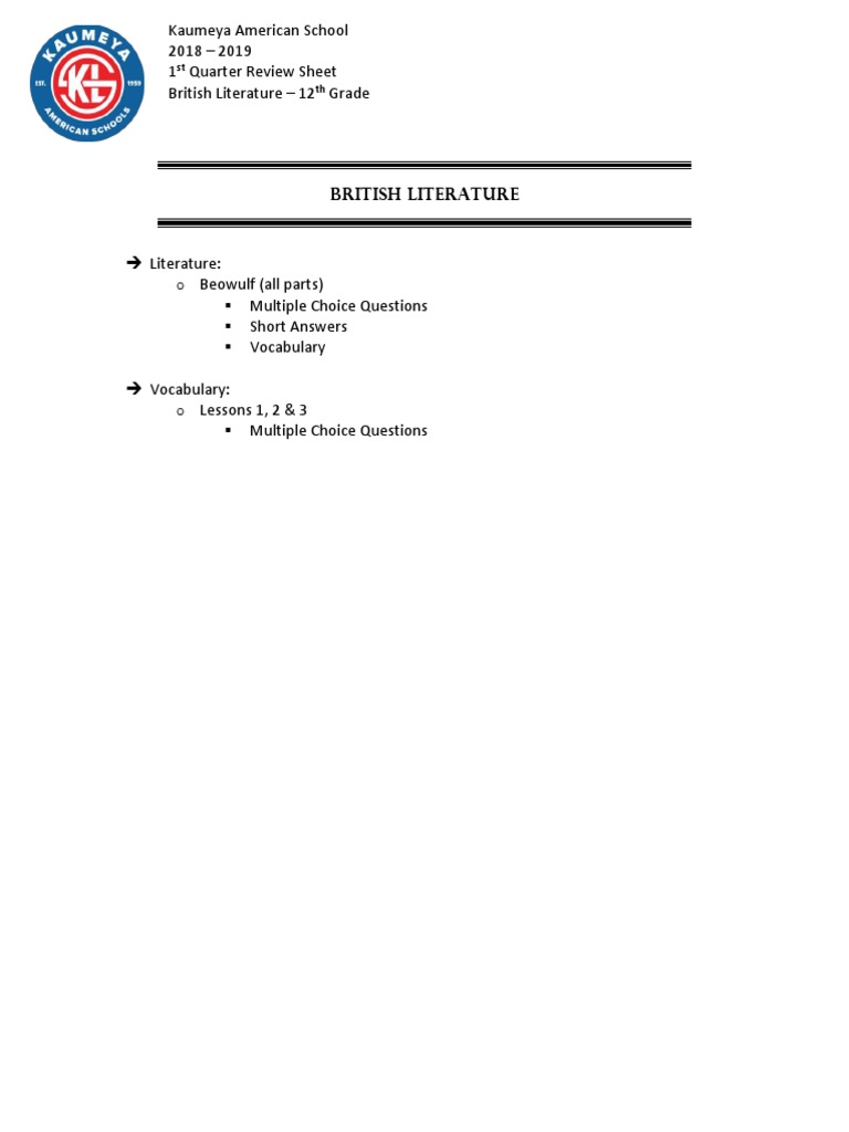 12th Grade British Lit Review | PDF | Language Arts & Discipline ...