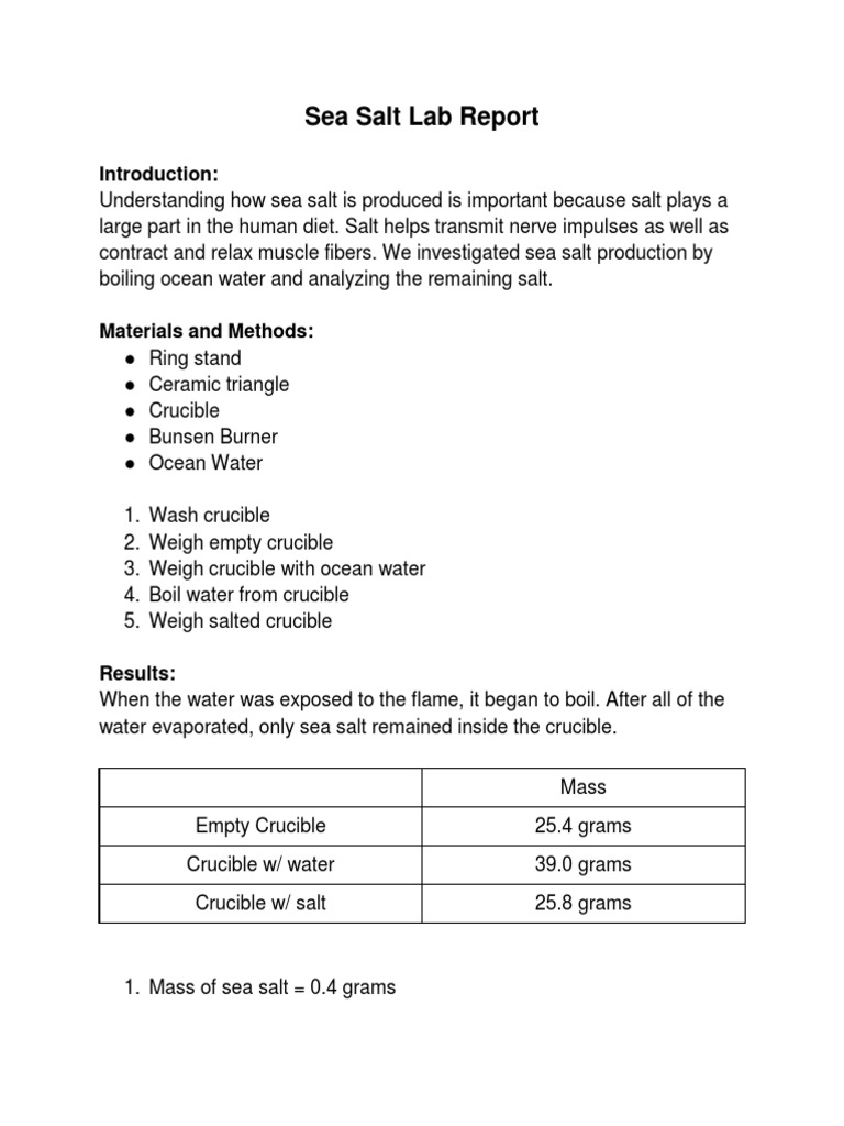 Sea Salt Lab Report | PDF | Sodium Chloride | Water