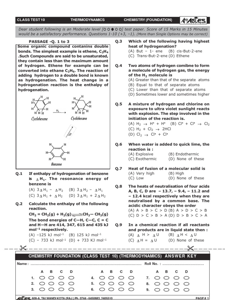 Thermodynamics Class Test Key | PDF | Hydrogen | Chemical Reactions