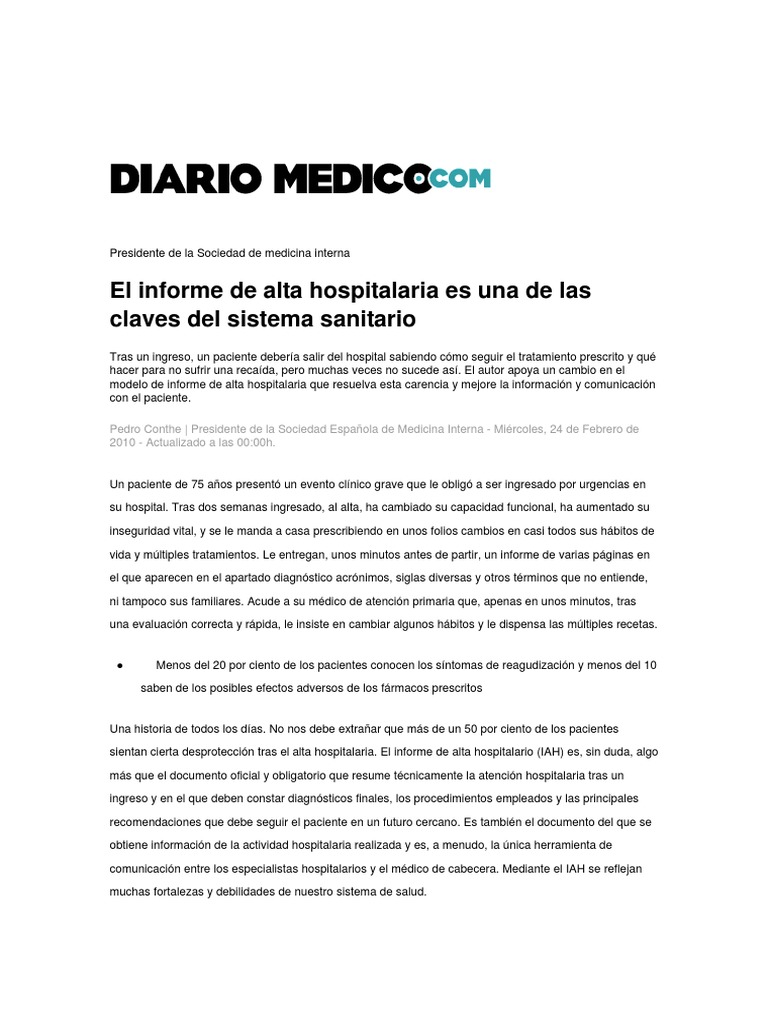 Informe Alta Hospitalaria Claves Sistema PDF | PDF | Registro ...