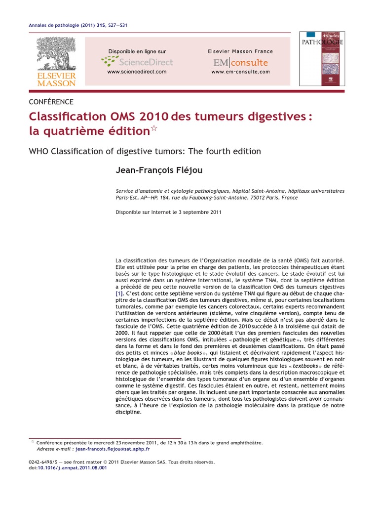 Classification OMS 2010 Des Tumeurs Digestives | PDF | Cancer de l ...