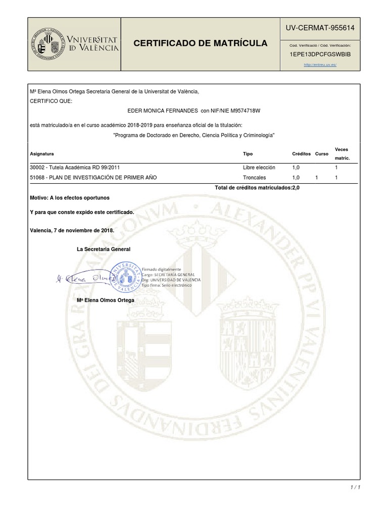 Certificado de Matrícula | PDF