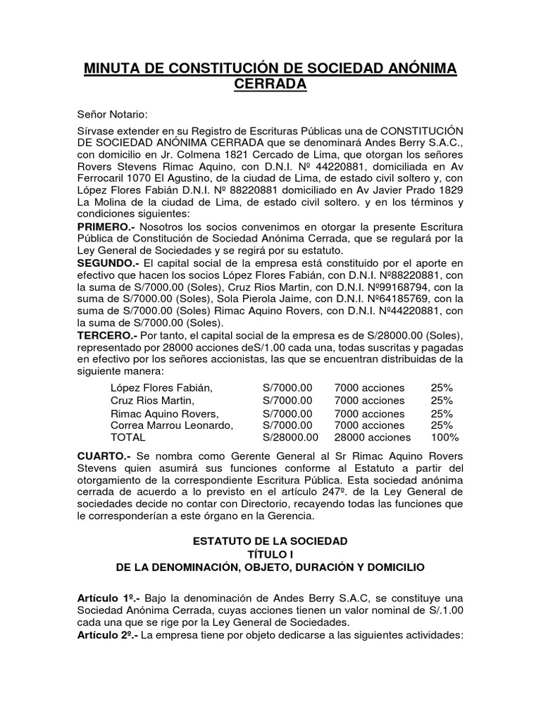 Minuta de Constitución de Sociedad Anónima Cerrada | PDF | Bancos | Sociedad de responsabilidad ...
