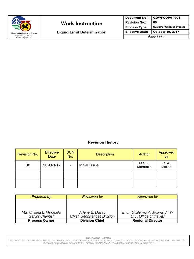 Work Instruction: Liquid Limit Determination | PDF | Chemistry | Materials