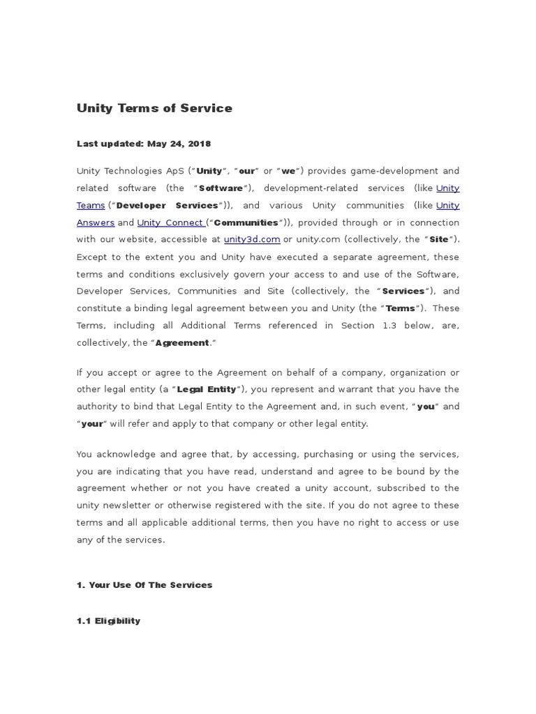 Unity Terms of Service: Unity Teams Unity Answers Unity Connect | Download Free PDF ...