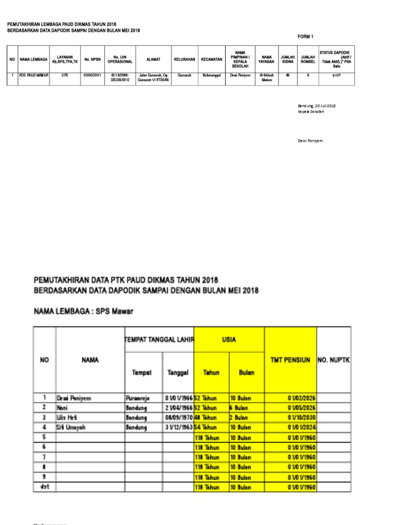 Form Pendataan Paud 2018 | PDF