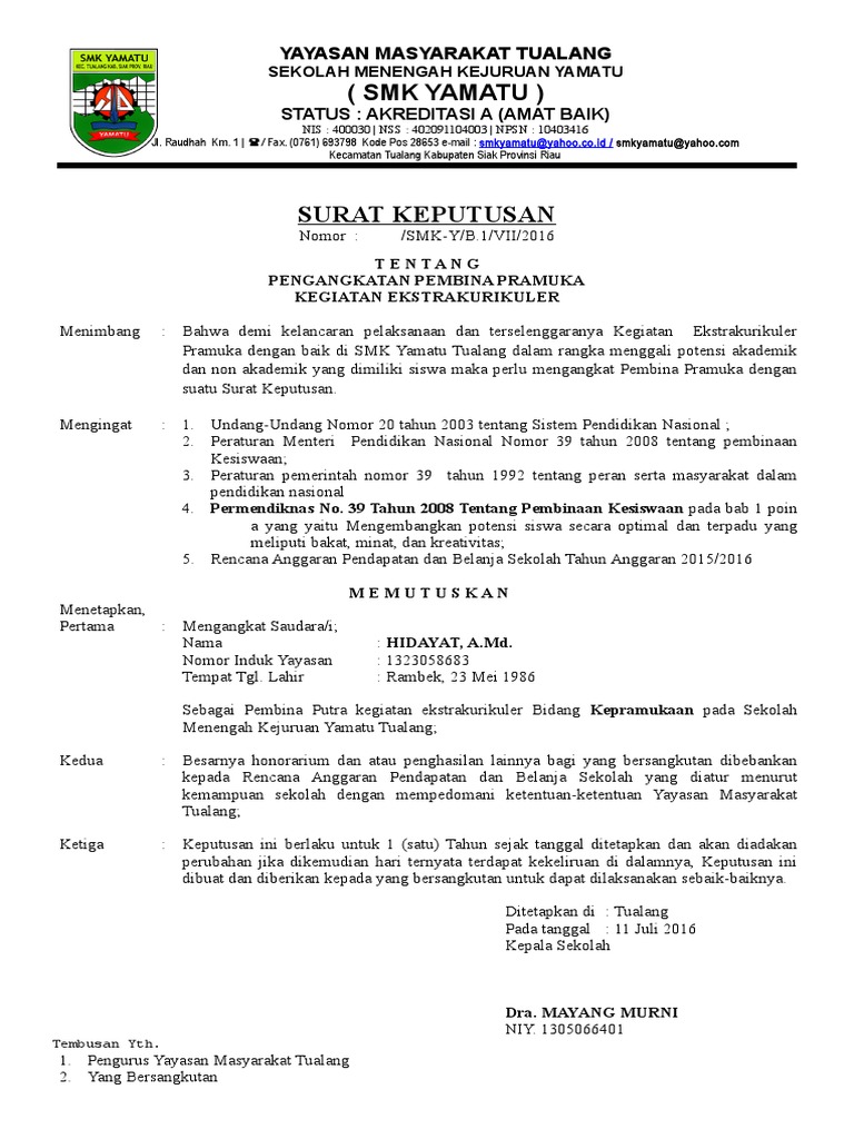 SK Pengangkatan Pembina Pramuka SMK | PDF