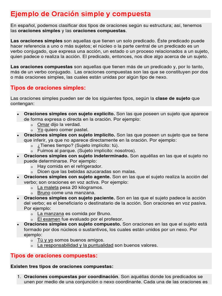 Oraciones Simples Y Compuestasdefinicin Y Ejemplos Ejemplos De