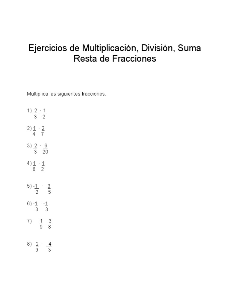 Ejercicios de Multiplicación, División Suma y Resta de Fracciones | PDF