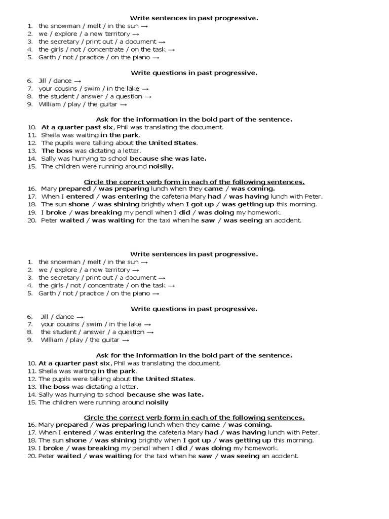 Past Progressive Sentence Exercises | PDF | Leisure