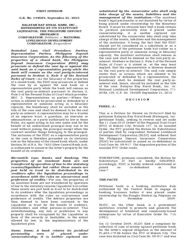 PDIC as Representative in Bank Liquidation | PDF | Receivership ...