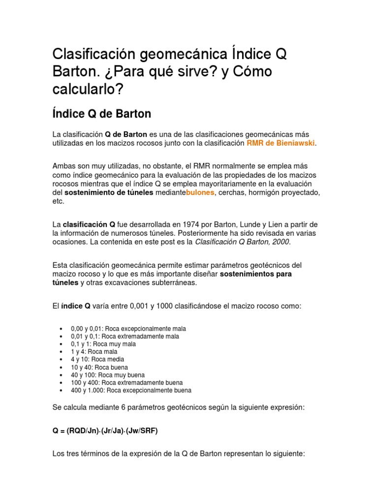 Clasificación Q de Barton en Geomecánica | PDF | Mecánica de sólidos ...