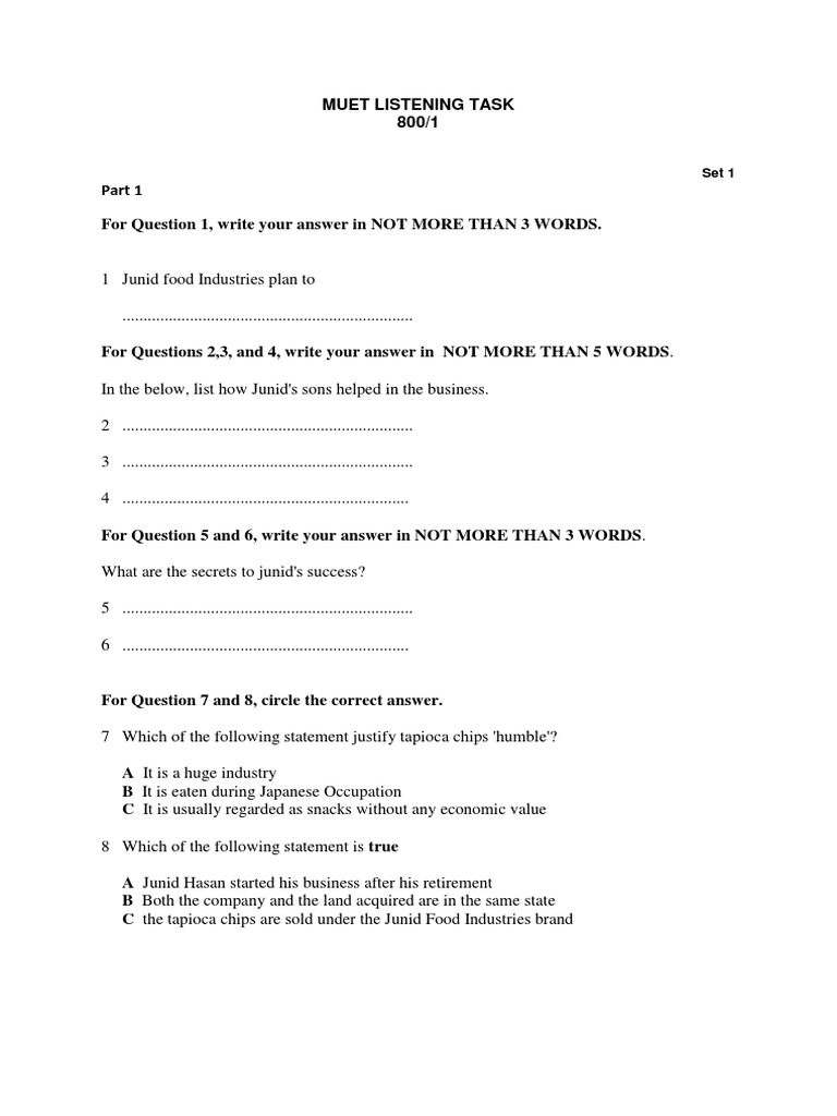 MUET Listening Test Sample Questions | PDF | Textiles | Question