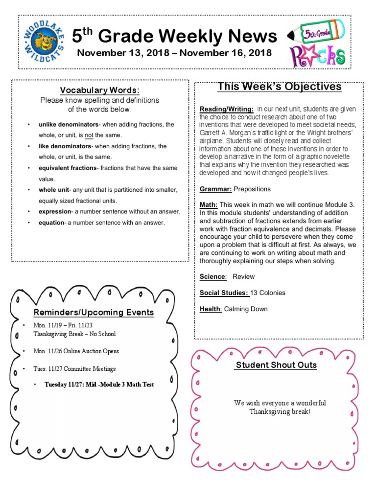 5 Grade Weekly News: November 13, 2018 - November 16, 2018 | PDF ...