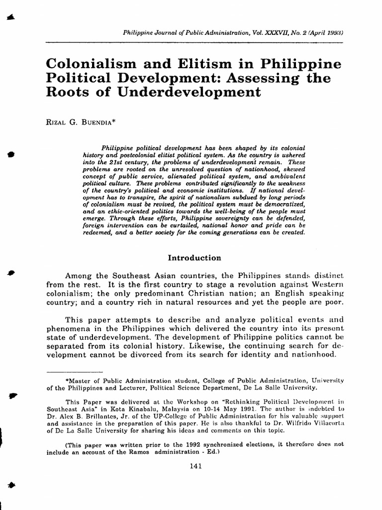 Colonialism and Elitism in Philippine Political Development: Assessing The Roots of ...