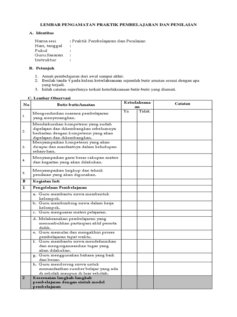 Lembar Pengamatan Praktik Pembelajaran Dan Penilaian | PDF | Karier & Perkembangan