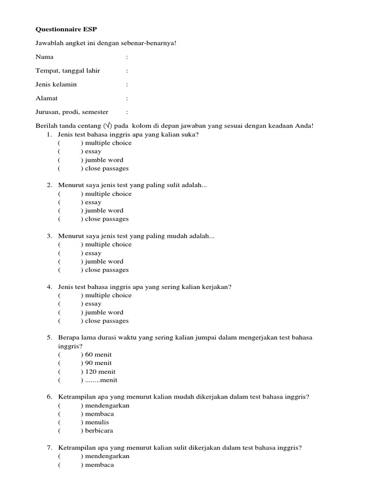 Questionnaire ESP | PDF | Seni & Disiplin Bahasa