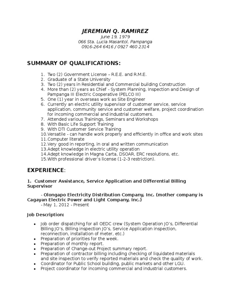 CV Jeremiah Ramirez New | PDF | Invoice | Electrical Engineering