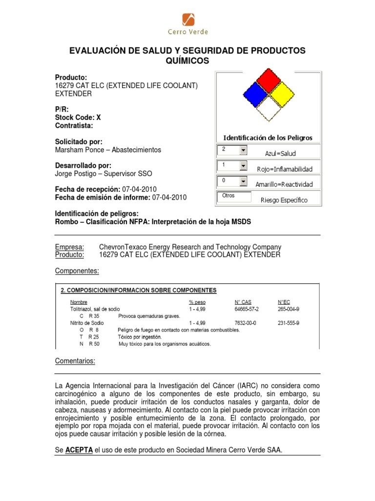 Evaluación Sso - 16279 Cat Elc (Extended Life Coolant) Extender | PDF